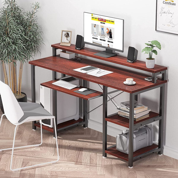 17 Stories Modern Home Office Computer Writing Study Desk with Storage Shelves and Keyboard Tray ...